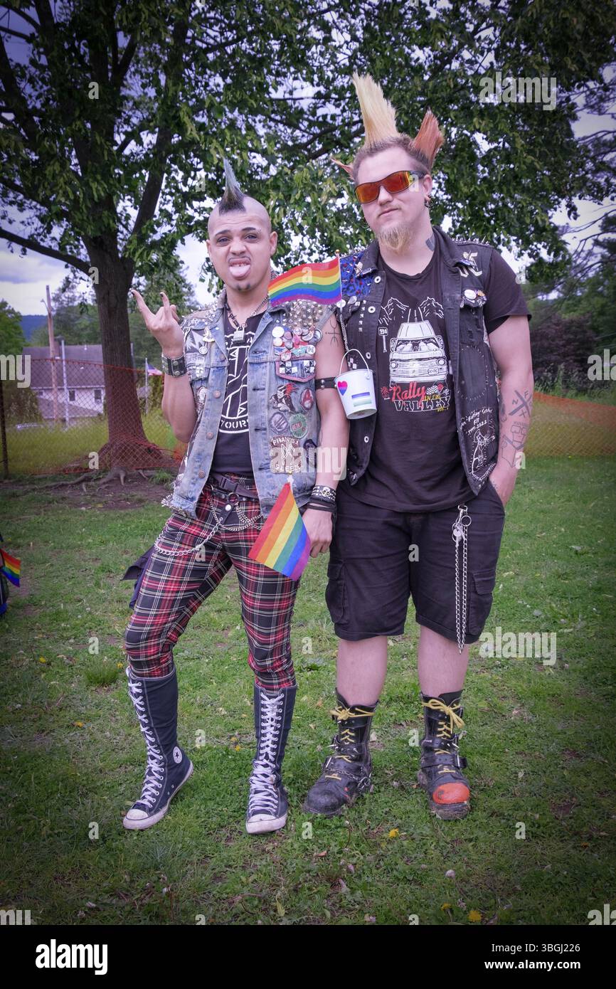 A gay couple with high Mohawk hairdos & punk fashion clothing pose at ...