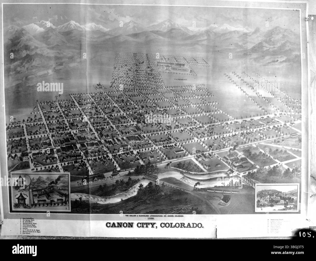 This bird's-eye view map of Canon City, Colorado, shows residential ...