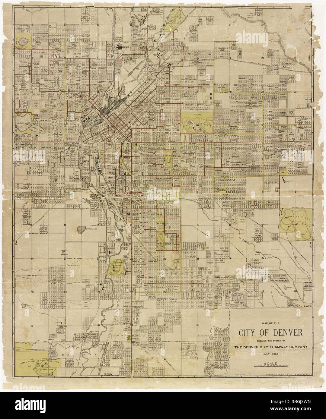 This map shows the system of the Denver City Tramway Company, including ...