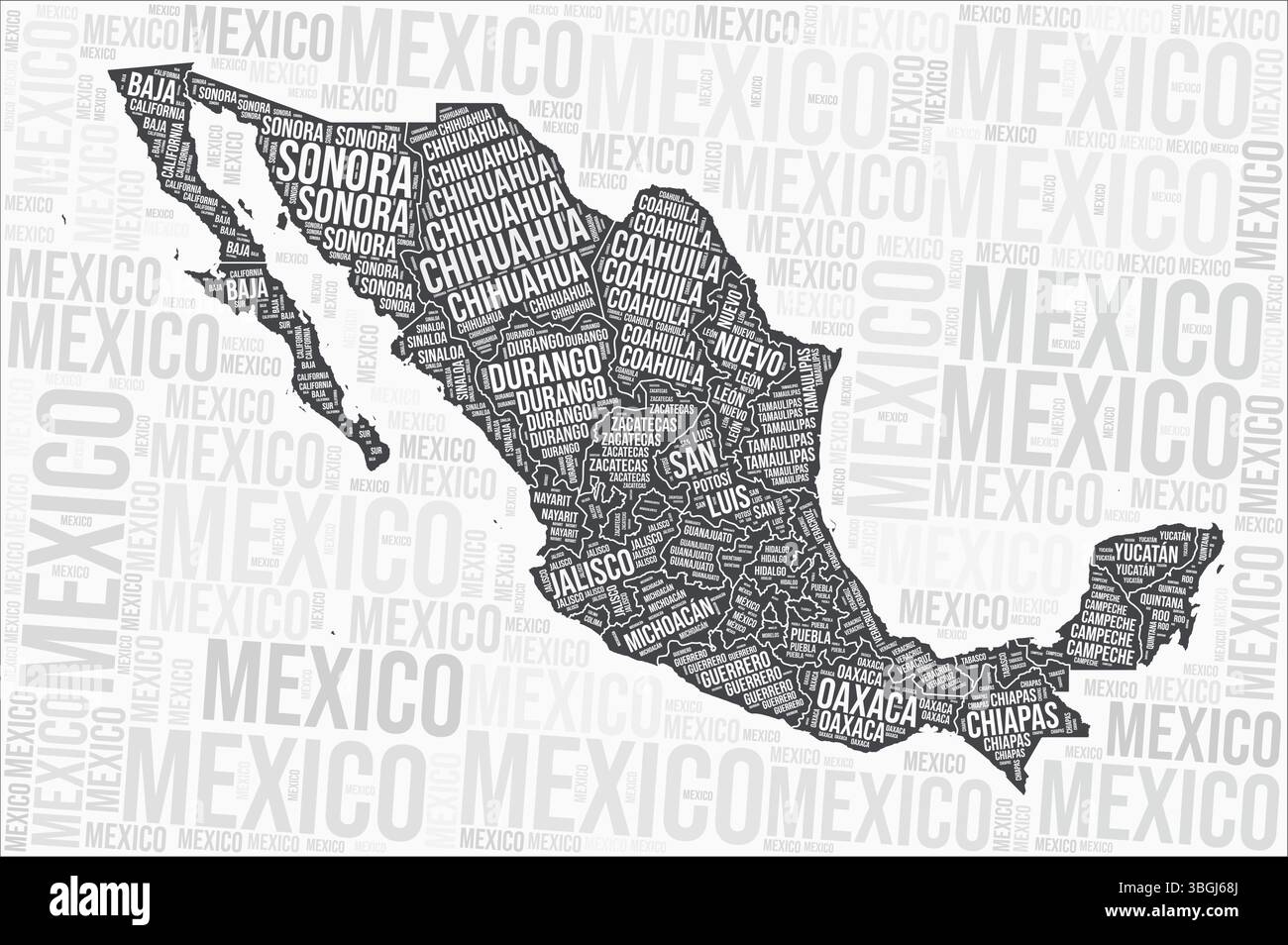 Mexico regions map word cloud. Mexico region names. Black and white map ...