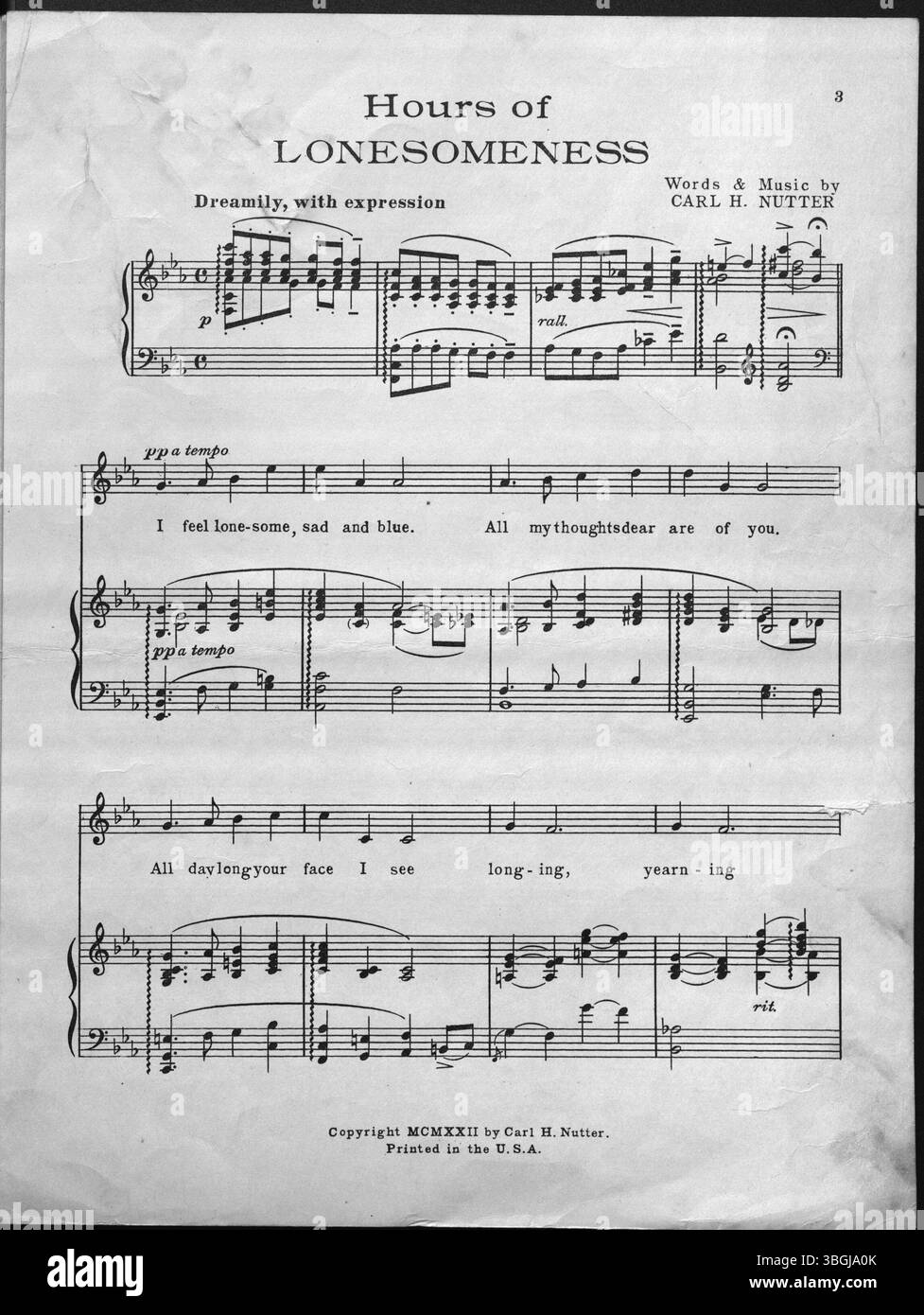The 1922 sheet music for 'Hours of Lonesomeness' by Carl H. Nutter ...