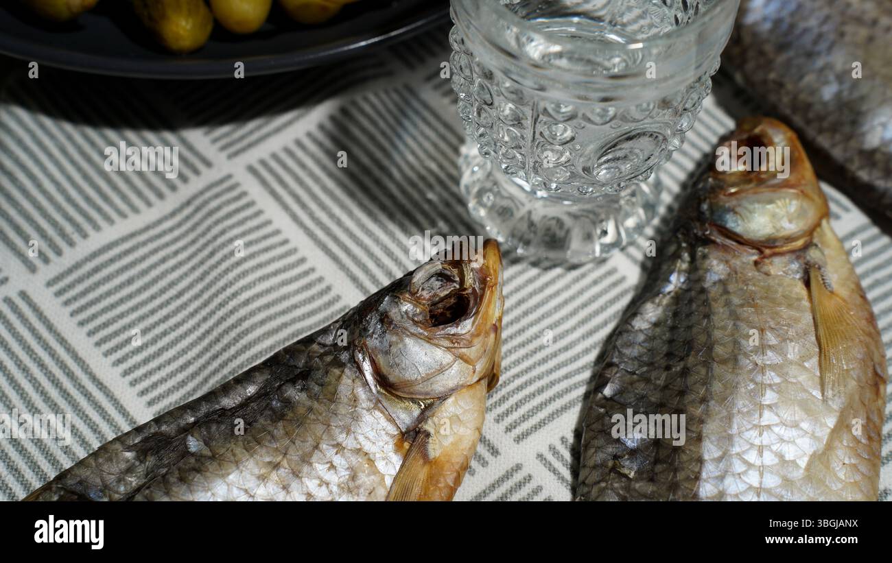 Traditional Russian Snack with Pickles, Dried Fish, and Vodka Stock ...