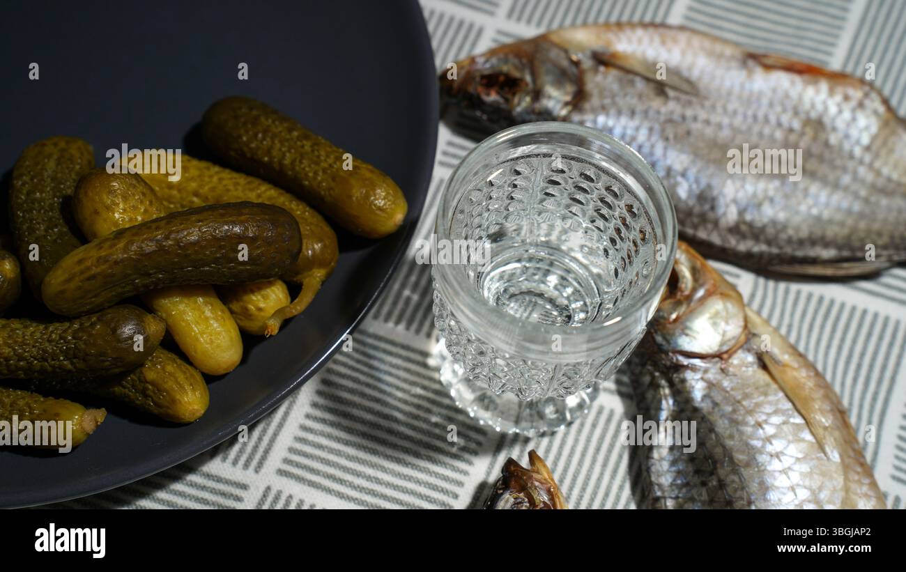 Traditional Russian Snack with Pickles, Dried Fish, and Vodka Stock ...