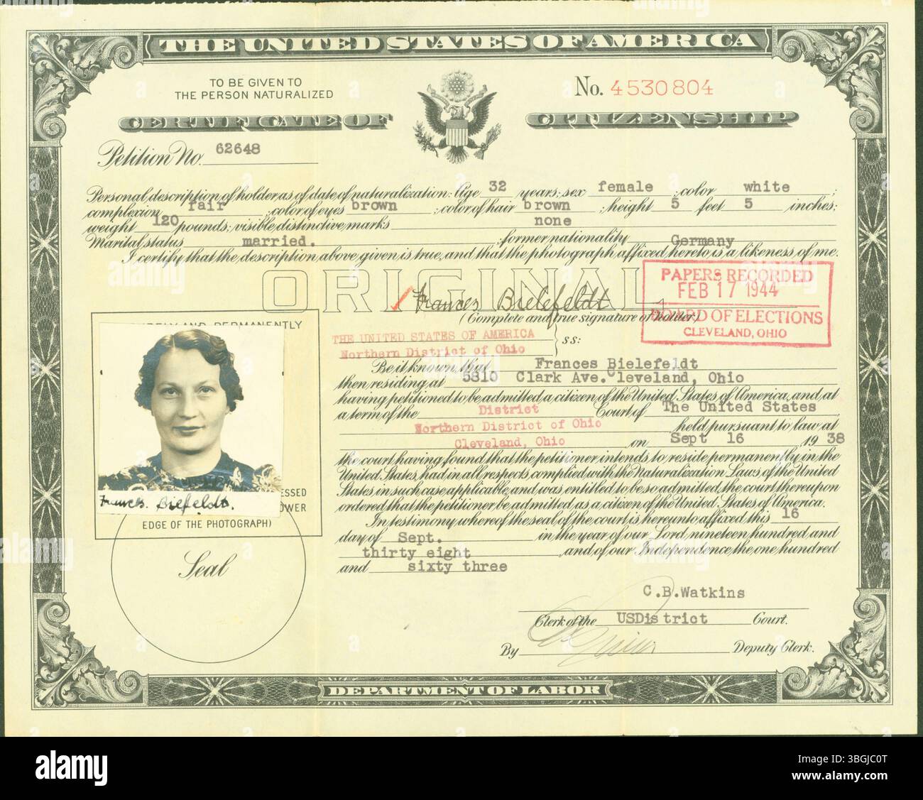A citizenship certificate for Frances Bielefeldt, dated September 16 ...