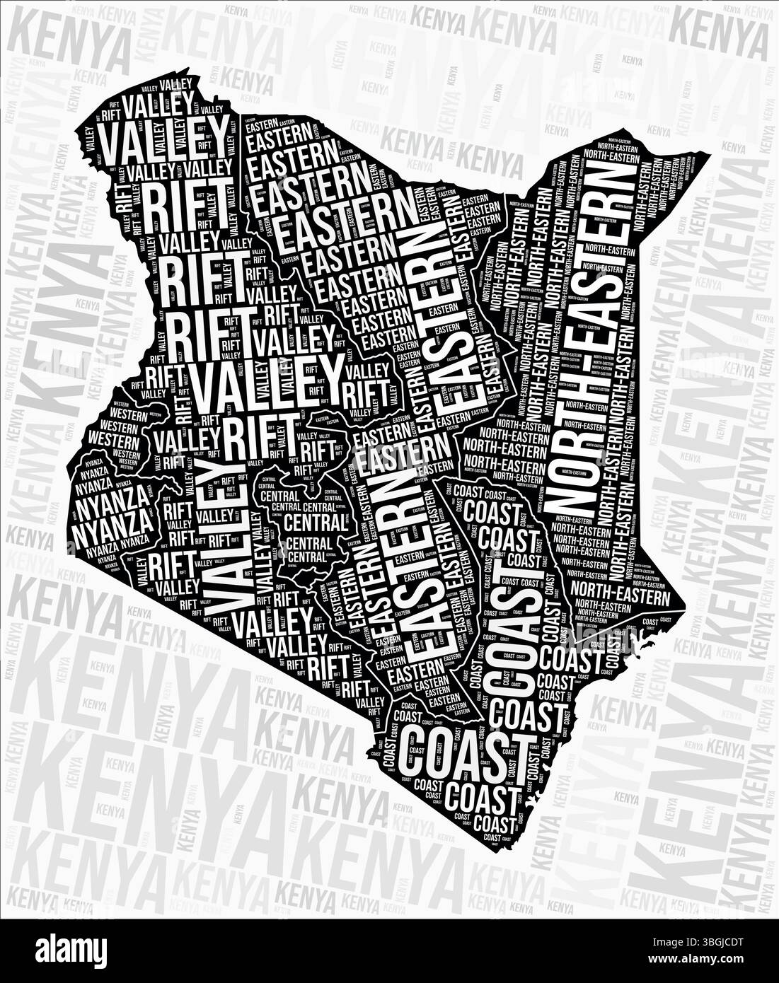 Kenya regions map word cloud. Kenya region names. Black and white map ...