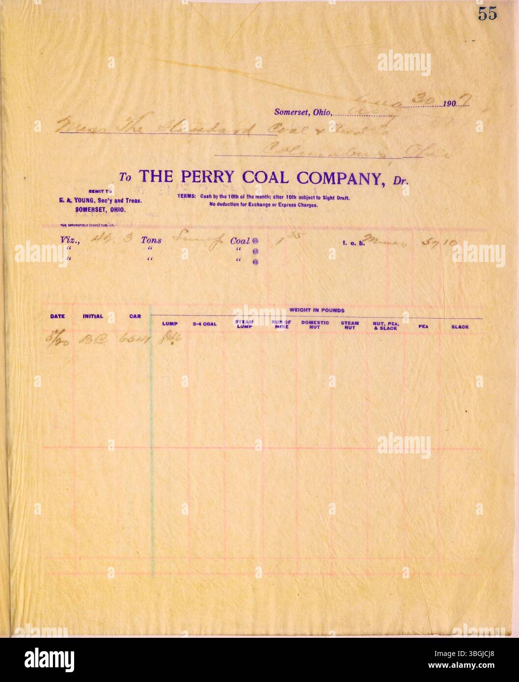 A 1907 receipt book from the New Perry Coal Company detailing business transactions and coal ...