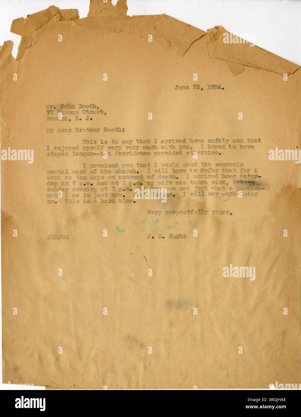 This letter, written by Reverend J.H. Burks in 1934, informs John Booth ...