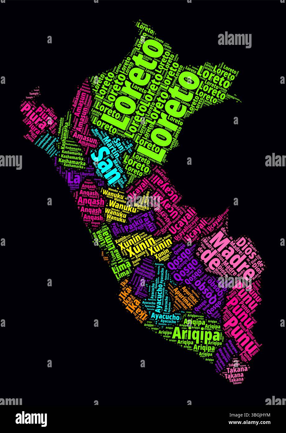 Peru Regions Word Clouds. Bright neon style design on dark background ...