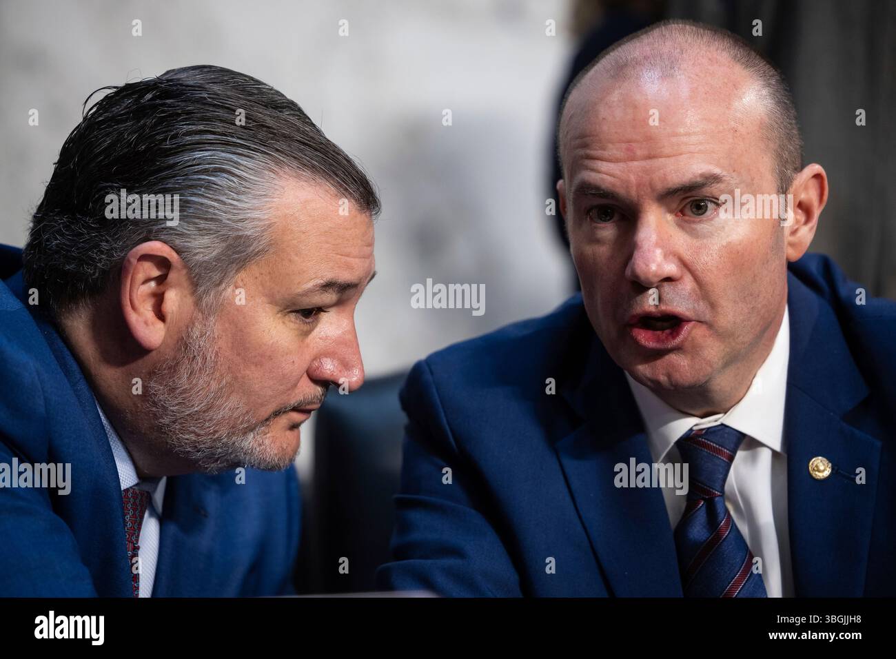 Sens. Ted Cruz (R-Texas) and Mike Lee (R-Utah) confer during a Senate ...