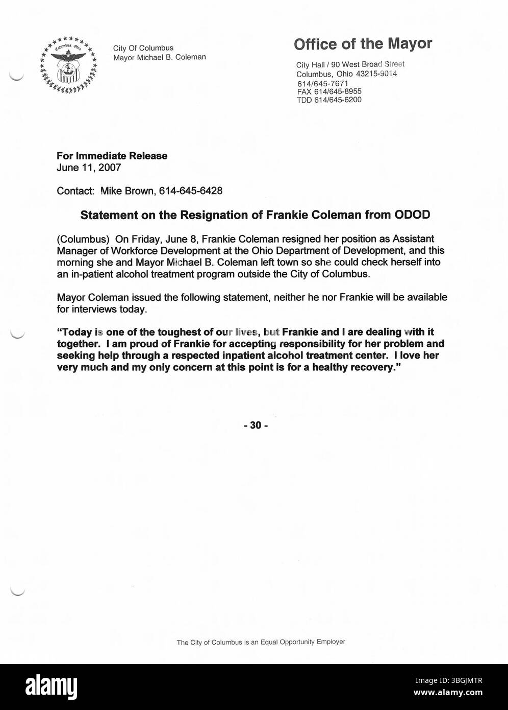Press releases issued by Mayor Michael Coleman's office in 2006 ...