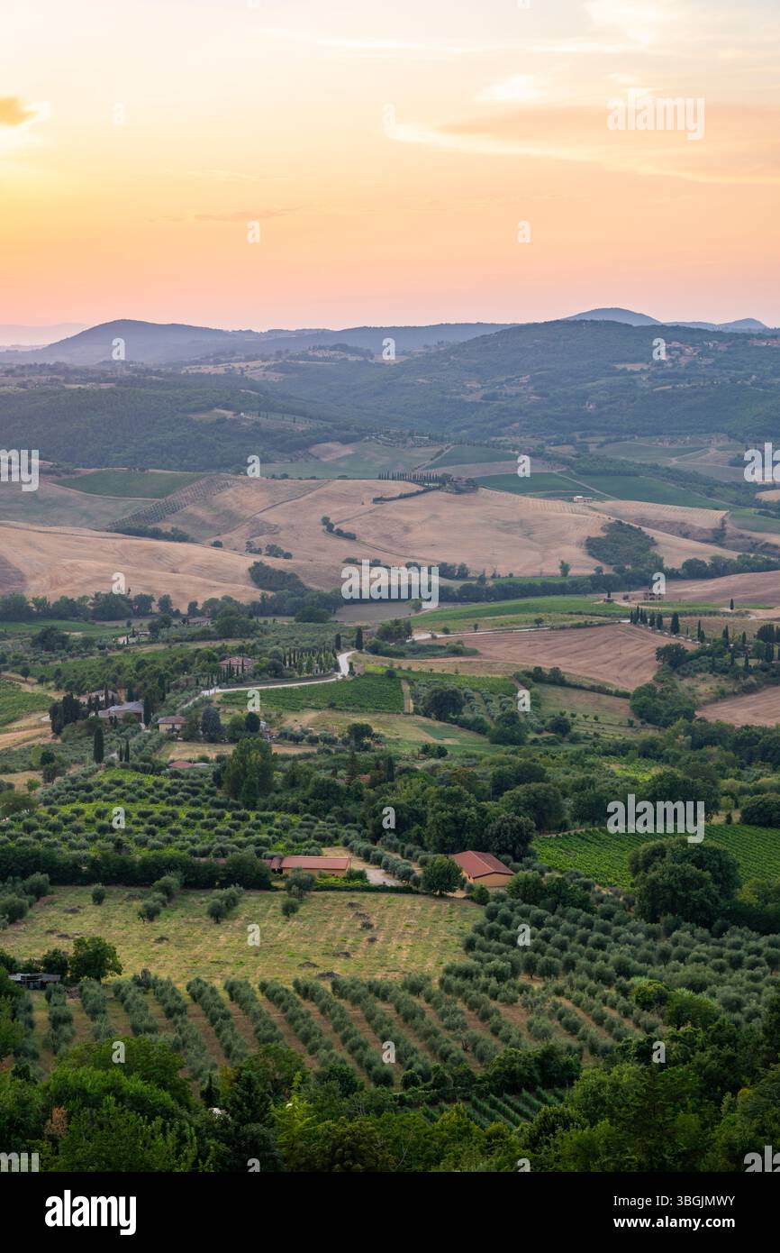 View from Montepulciano into a typical Tuscan landscape in Val d'Orcia ...