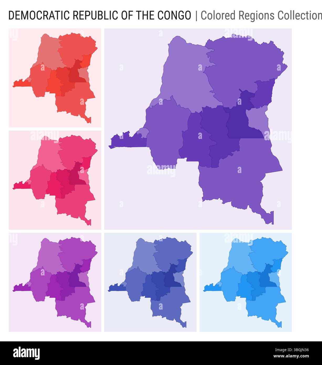 DR Congo map collection. Country shape with colored regions. Deep ...