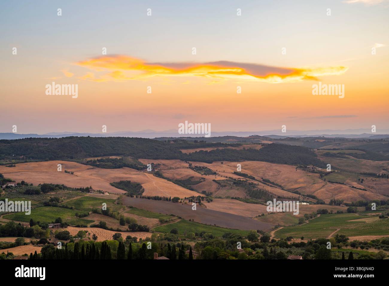 View from Montepulciano into a typical Tuscan landscape in Val d'Orcia ...