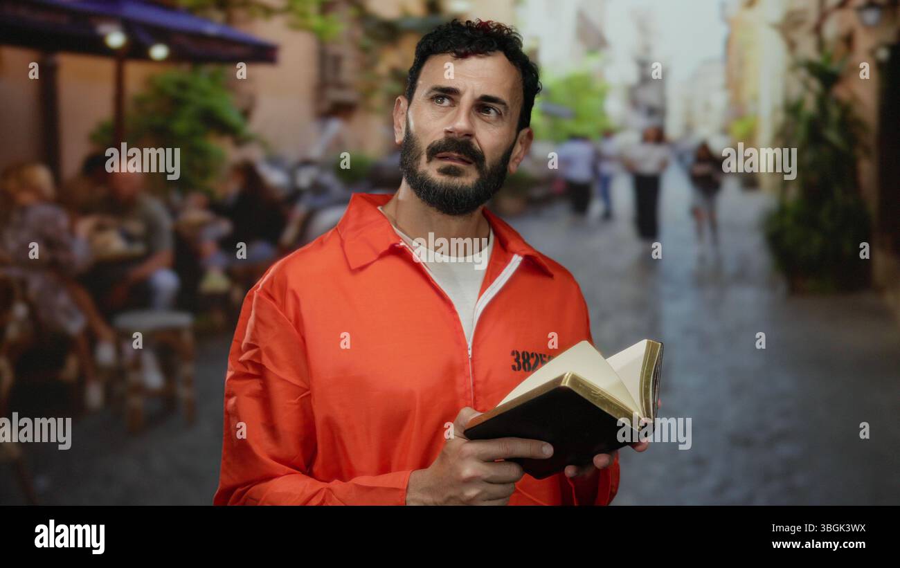 Man with beard in prison jumpsuit holding bible on bustling street ...