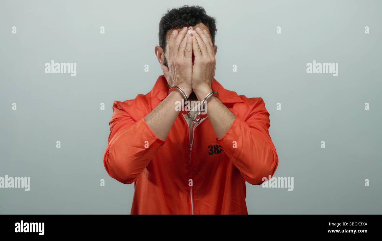 Hispanic man in orange prison jumpsuit with handcuffs covers face ...