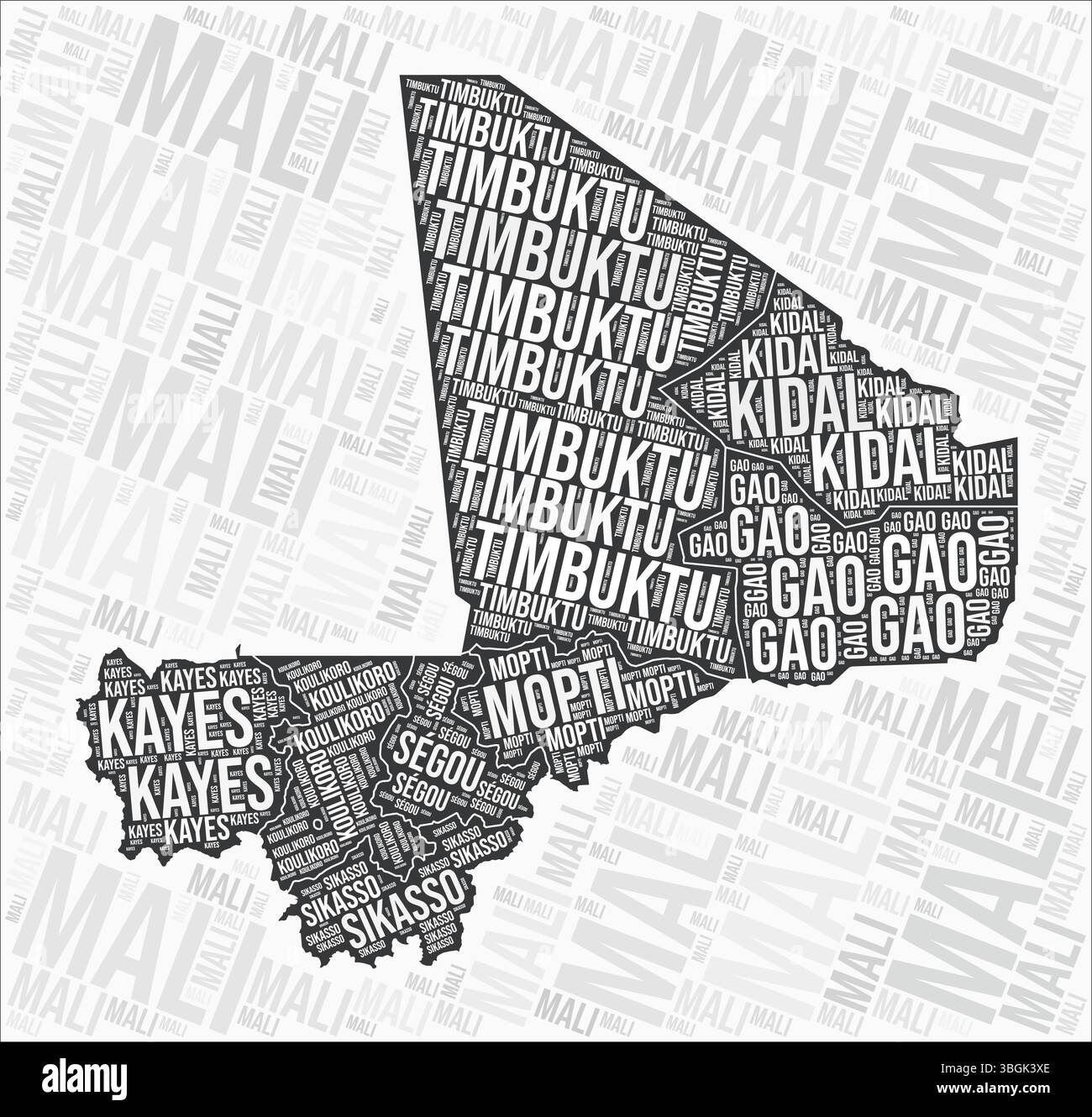 Mali regions map word cloud. Mali region names. Black and white map ...