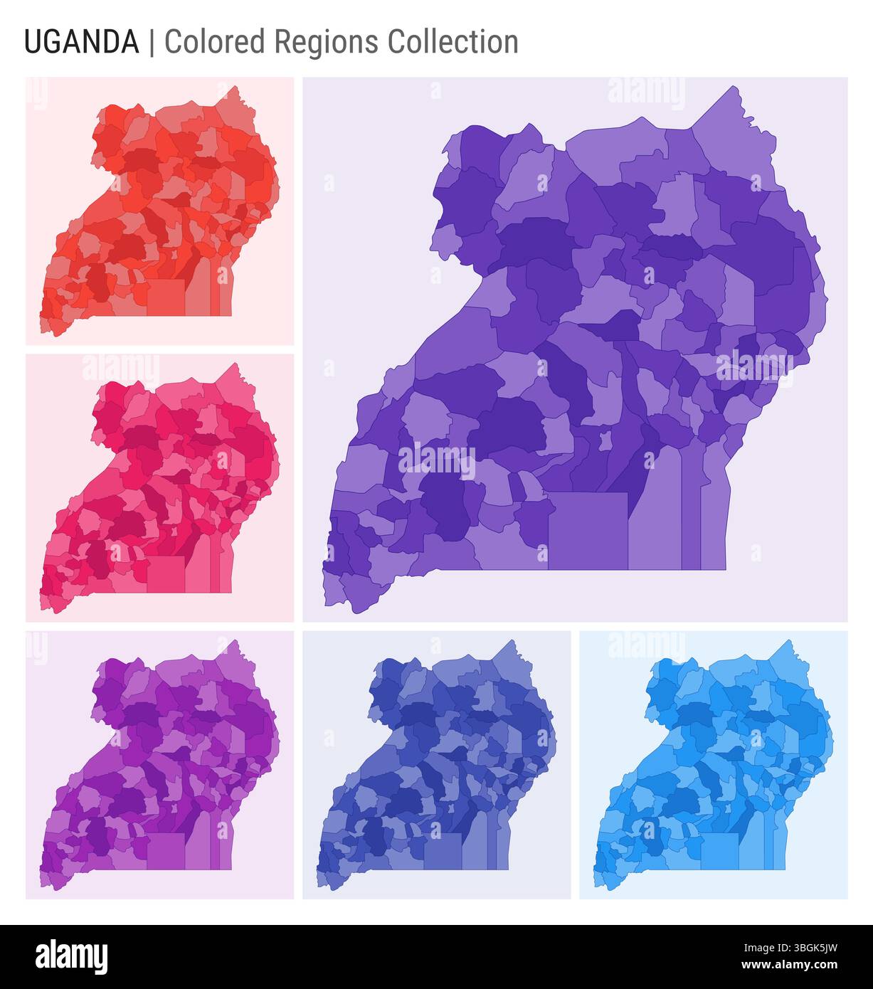 Uganda map collection. Country shape with colored regions. Deep Purple ...
