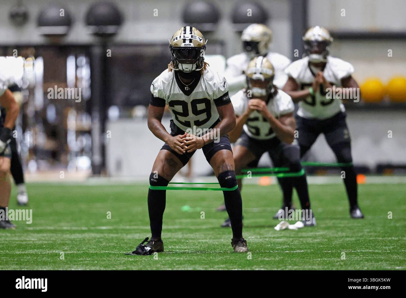 New Orleans Saints cornerback Quincy Riley (29) stretches during NFL ...