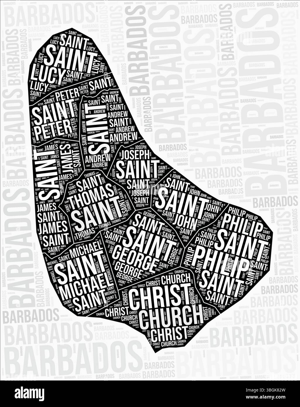 Barbados regions map word cloud. Barbados region names. Black and white ...