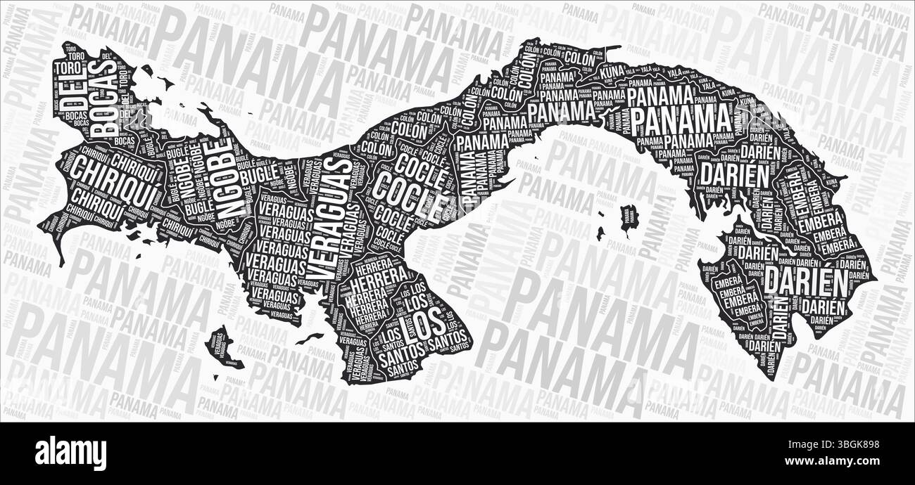 Panama regions map word cloud. Panama region names. Black and white map ...