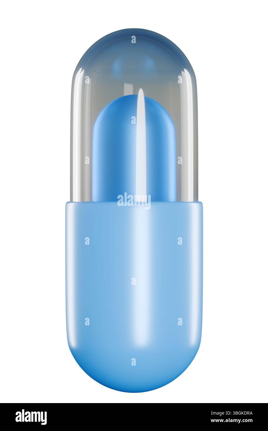 Blue capsule pill with transparent top revealing inner blue tablet ...