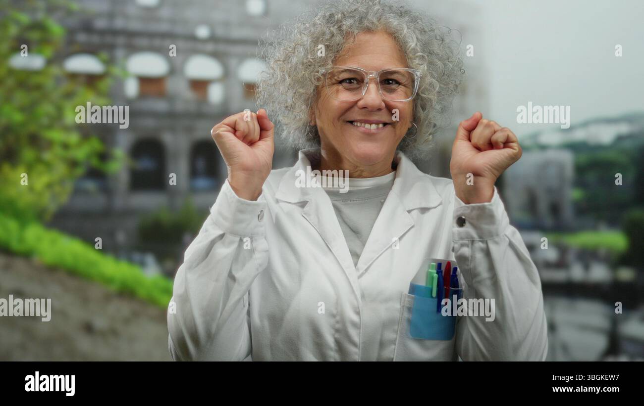 Elderly woman with grey hair in a lab coat smiling joyfully outside the ...
