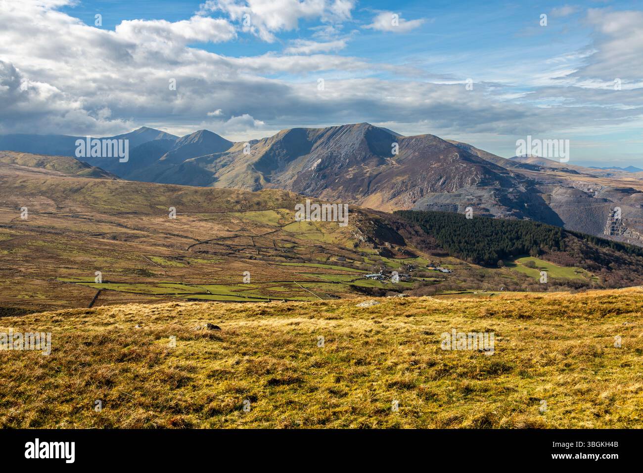 A breathtaking landscape view of the rugged Glyderau mountain range and ...
