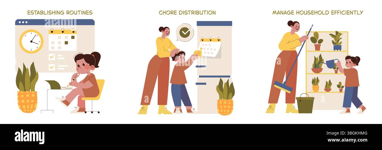 Vector illustration of a family managing household tasks. Scenes ...