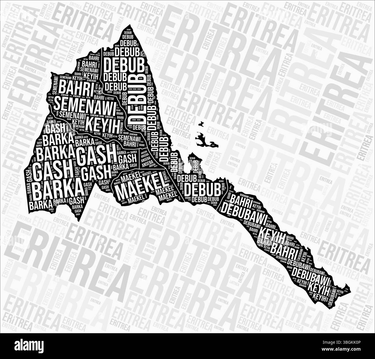 Eritrea regions map word cloud. Eritrea region names. Black and white ...
