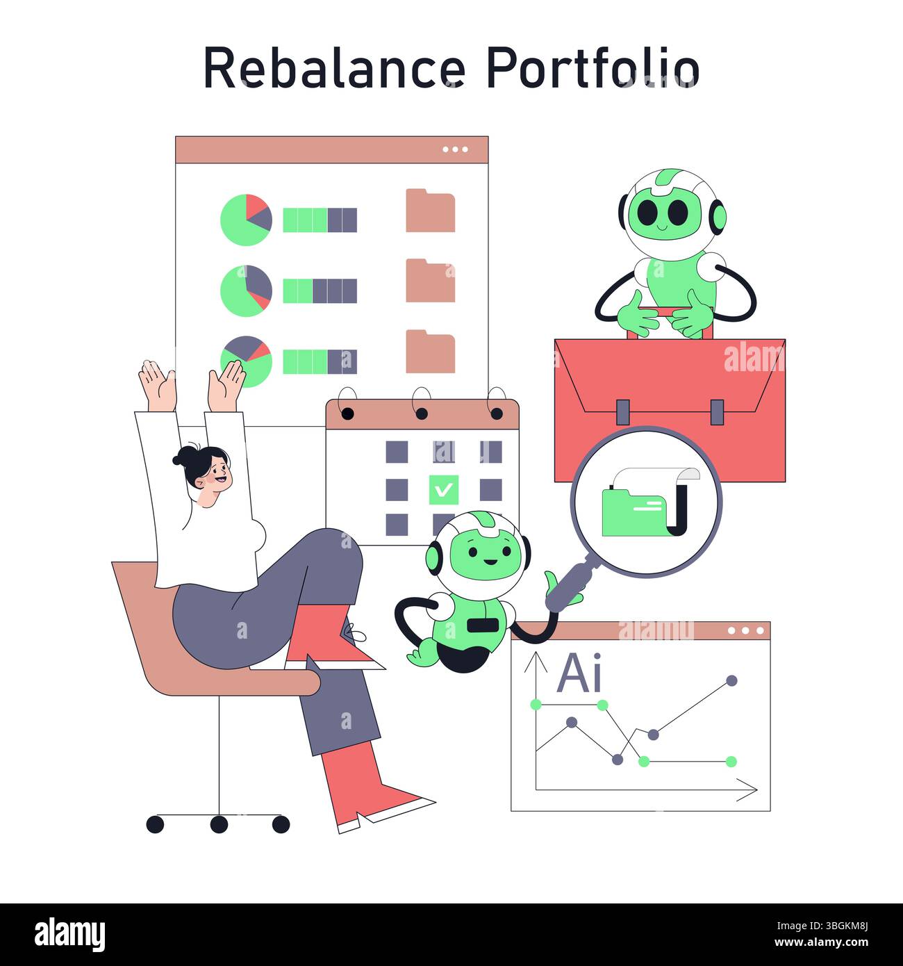 Robot adviser assists in portfolio rebalancing, featuring charts ...