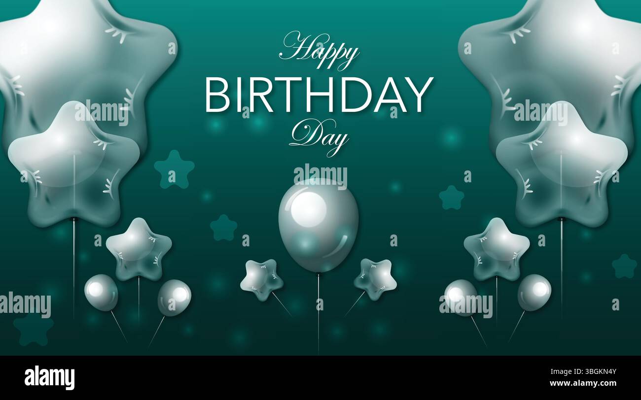 Happy birthday celebration with balloons stars and teal background for ...
