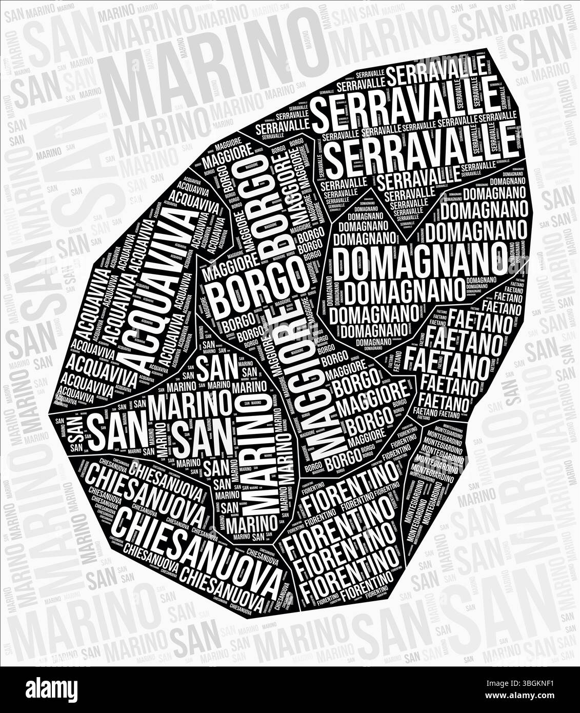 San Marino regions map word cloud. San Marino region names. Black and ...