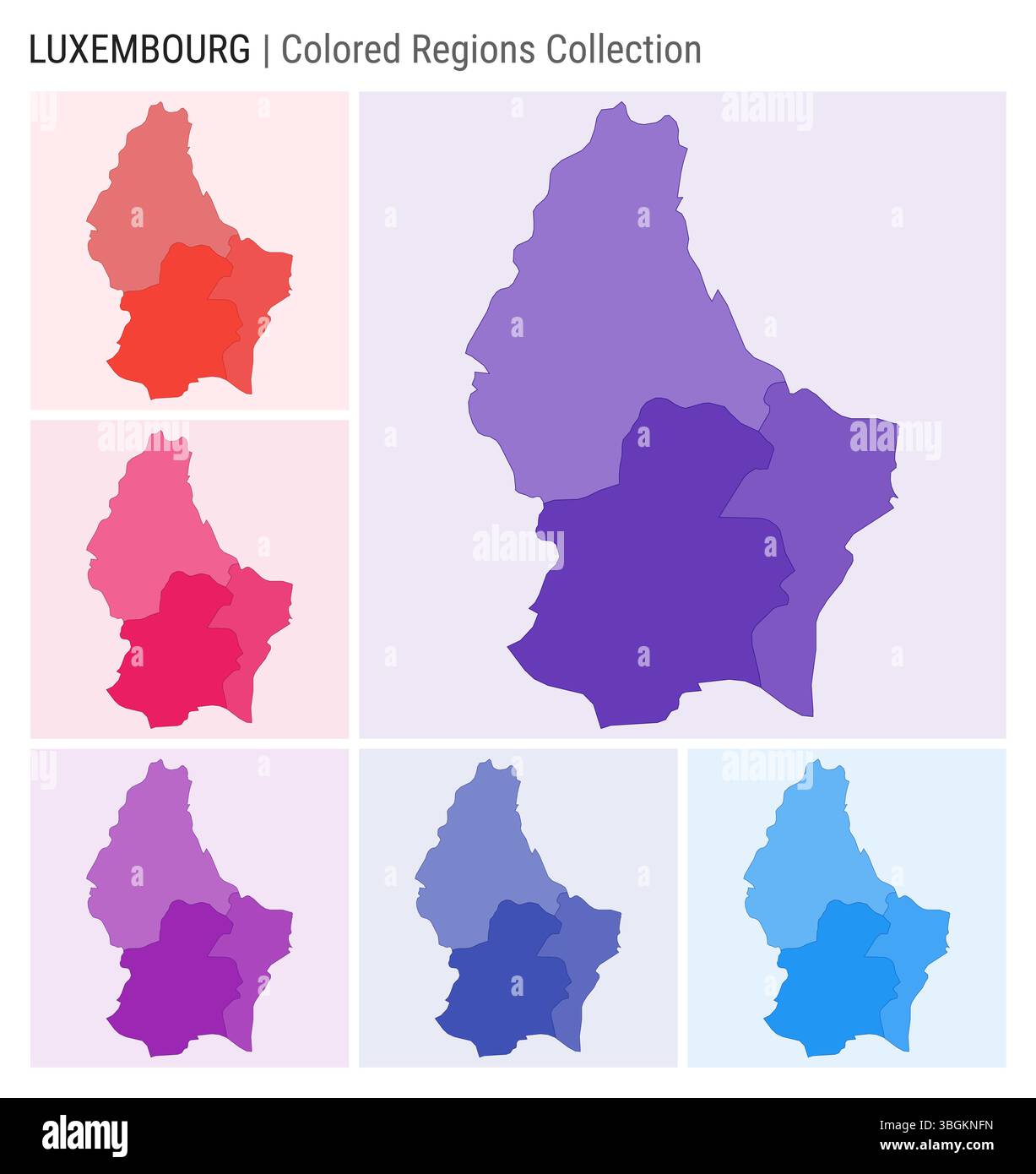 Luxembourg map collection. Country shape with colored regions. Deep Purple, Red, Pink, Purple ...