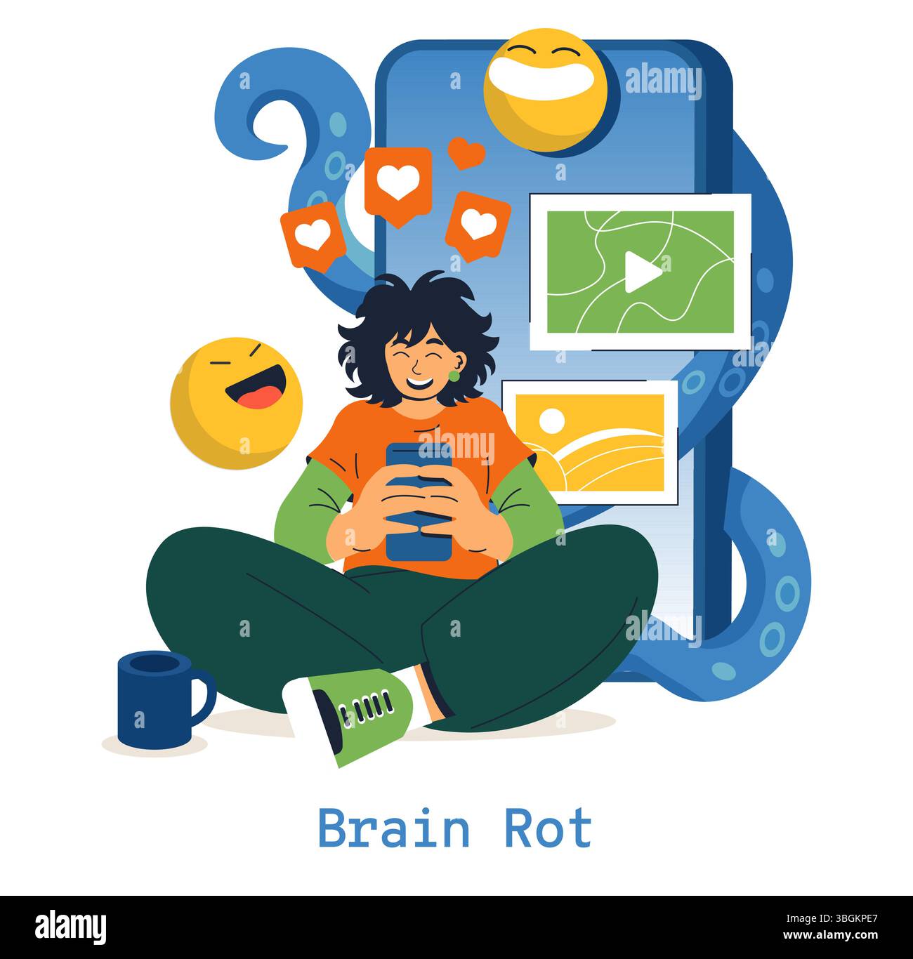 The illustration portrays a person immersed in their smartphone ...