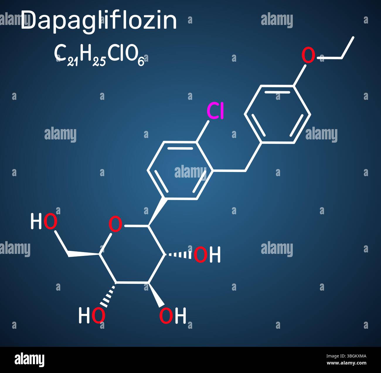 Dapagliflozin molecule. SGLT2 inhibitor used in the treatment of type 2 ...