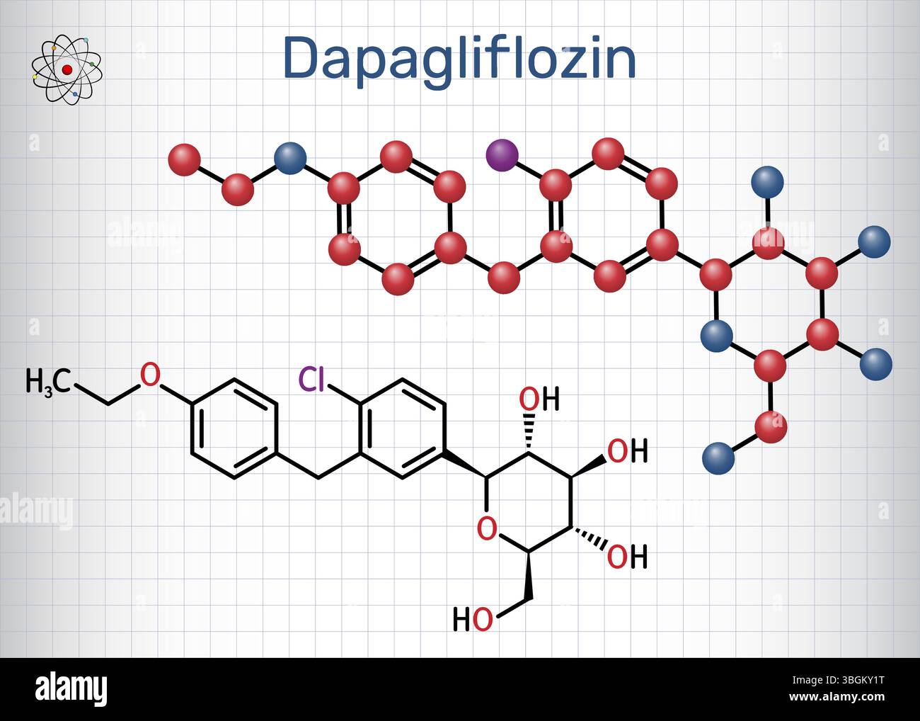 Dapagliflozin molecule. SGLT2 inhibitor used in the treatment of type 2 ...