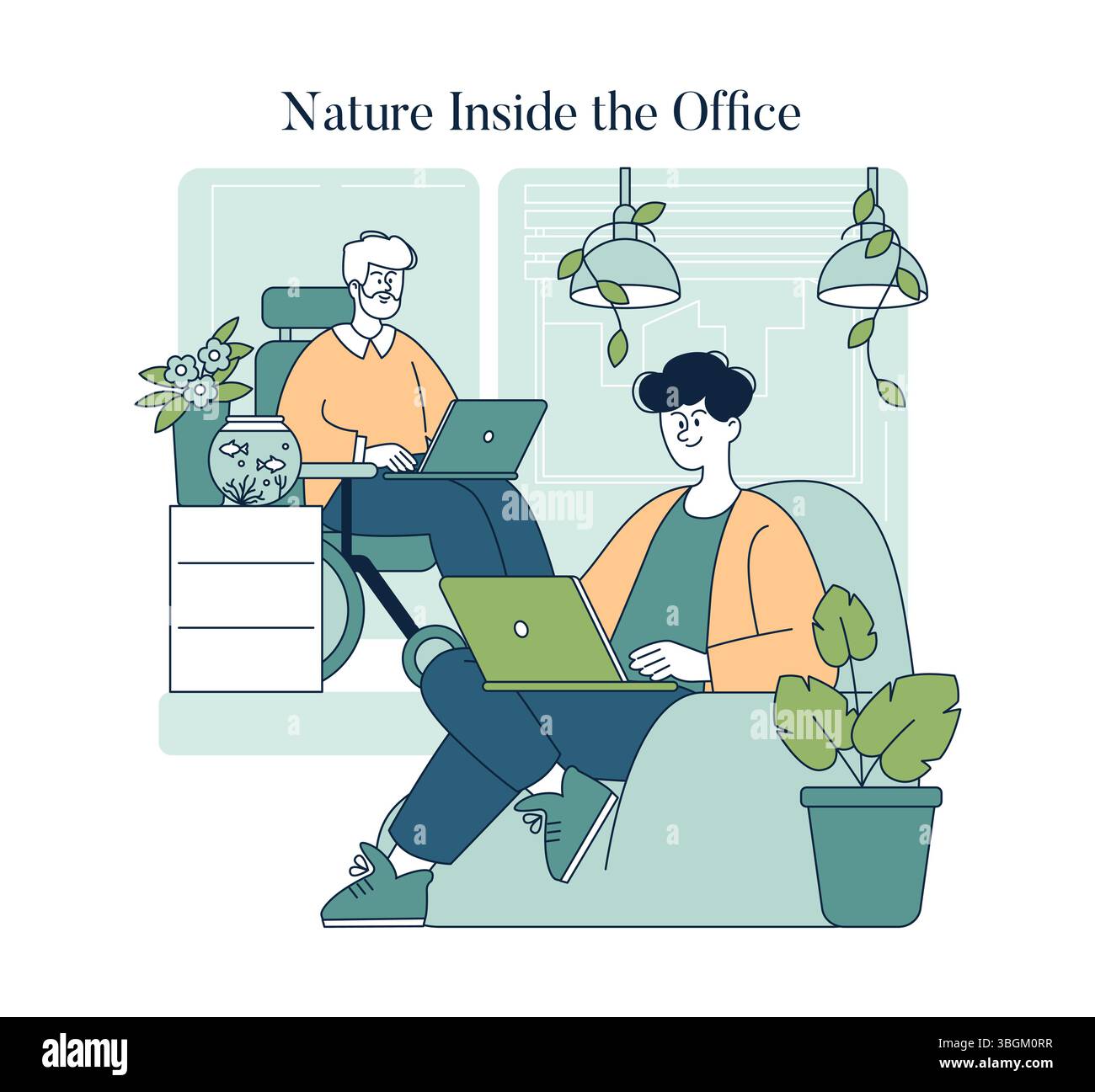 This illustration showcases a modern office environment that integrates ...
