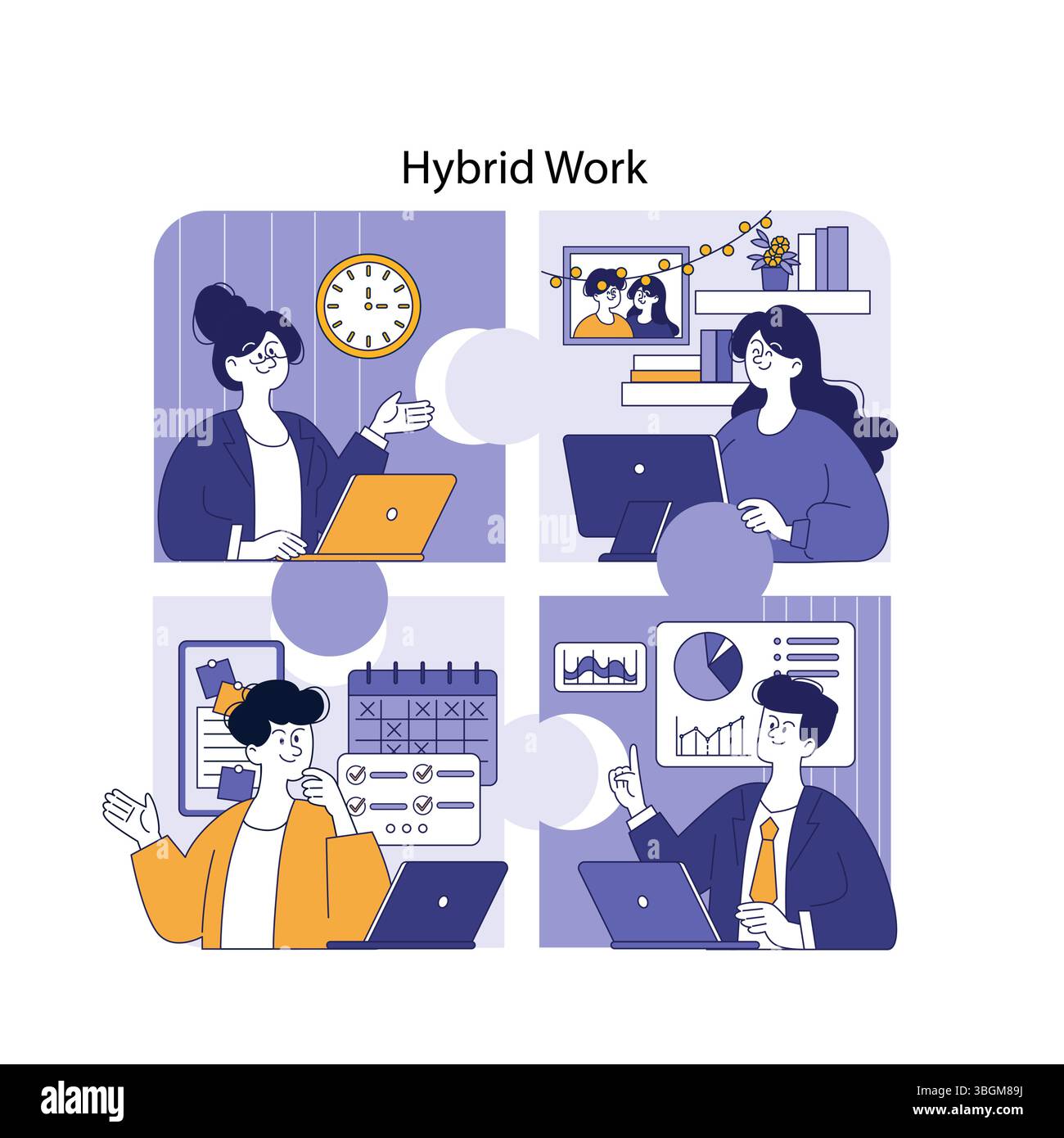 Hybrid Work illustration demonstrates a modern workspace featuring ...