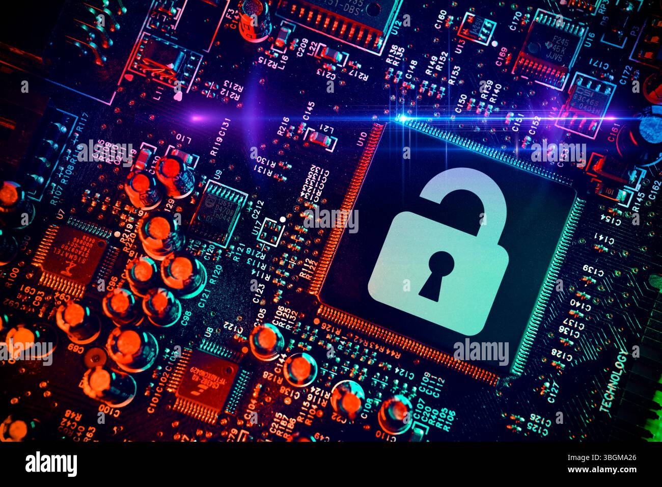 Computer chip with open lock symbol, symbol photo data protection ...
