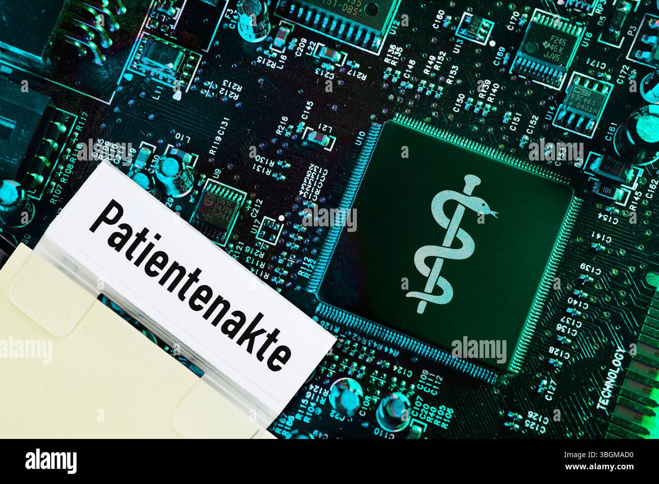 Computer chip with Aesulap stick symbol and patient file, symbol photo ...