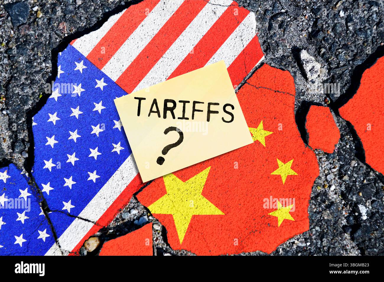 Flags of USA and China on broken ground with note and inscription ...