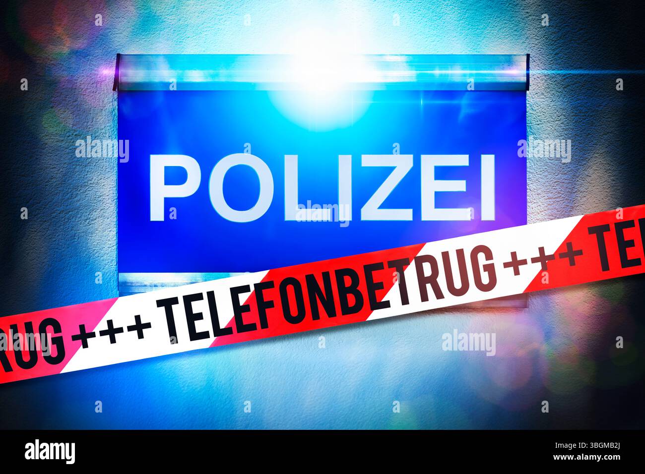 Police sign with flashing blue lights and barrier tape with the words ...