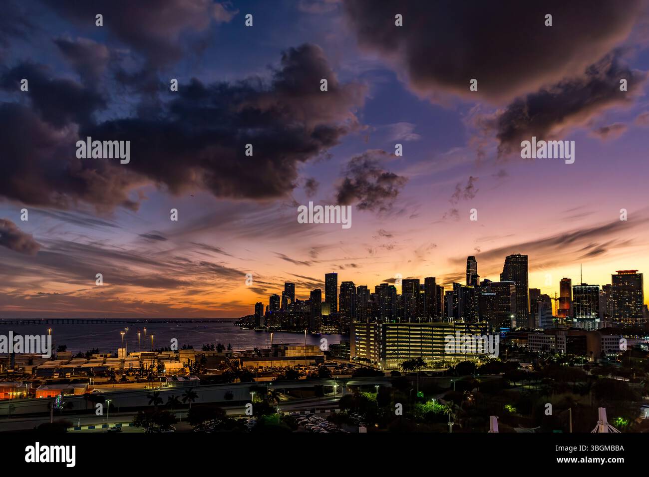 Sunset, view of Miami from a cruise ship, Miami, Miami-Dade County ...