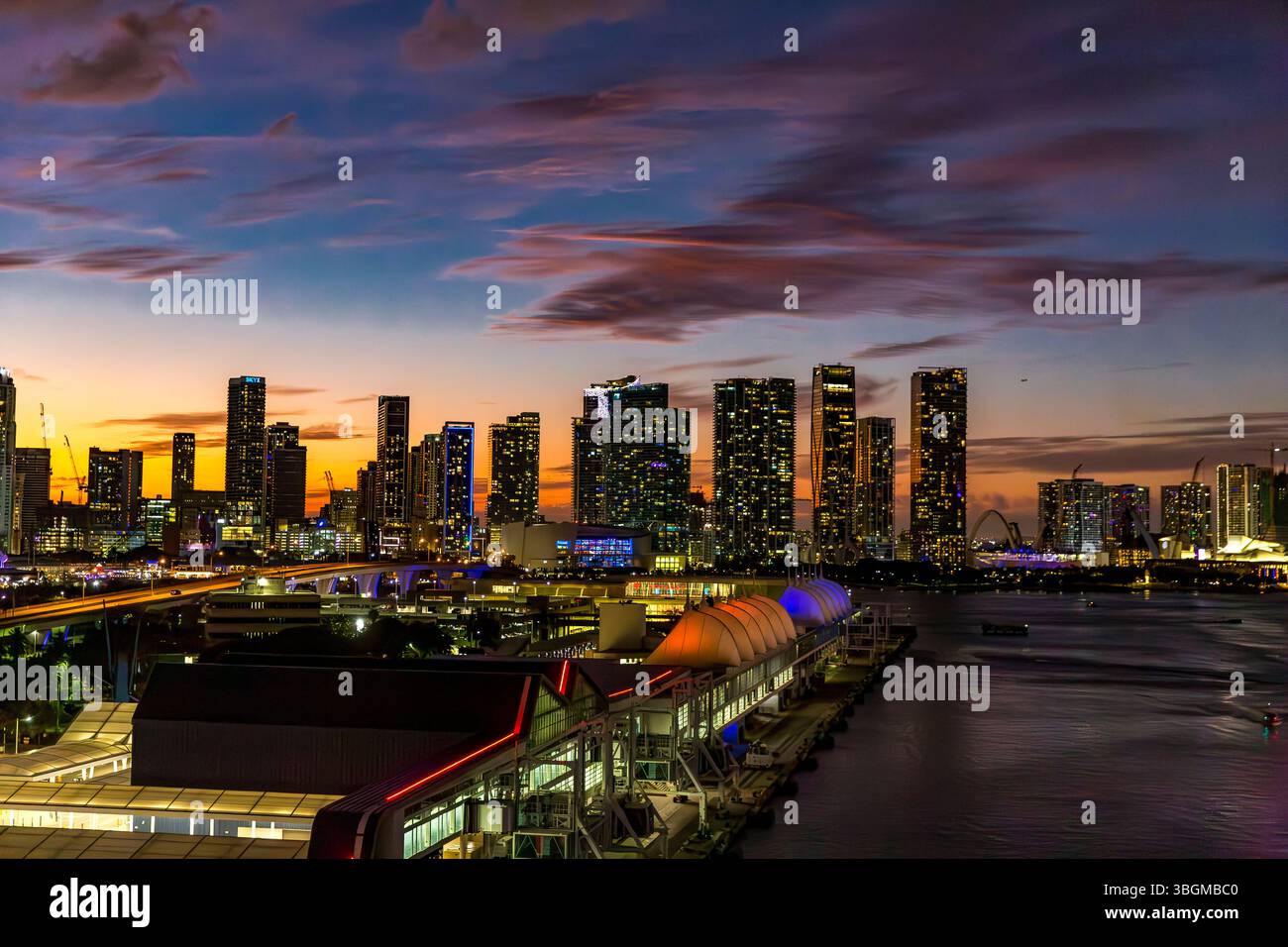 Sunset, view of Miami from a cruise ship, Miami, Miami-Dade County ...