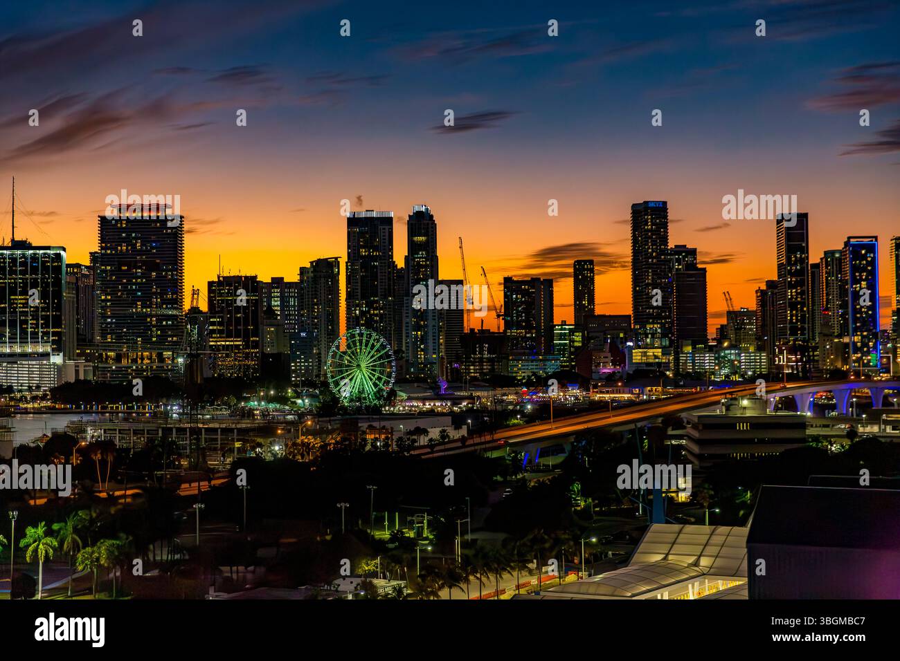Sunset, view of Miami from a cruise ship, Miami, Miami-Dade County ...