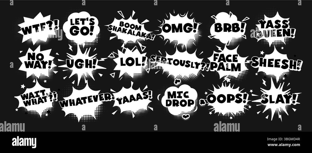 Comic meme pop speech bubbles in black and white. Funny viral ...