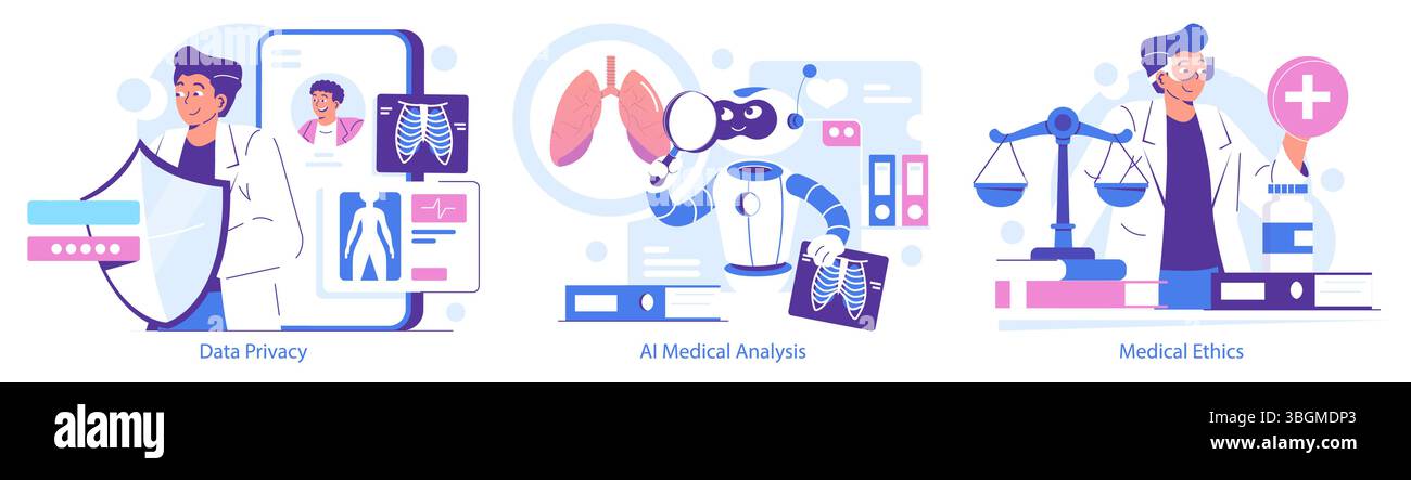 Vector illustration depicting three key aspects of modern healthcare ...