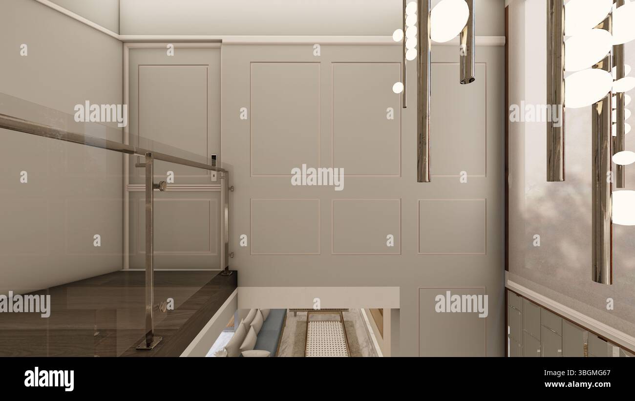 Double height landing with modern pendant lights and panel detailing ...