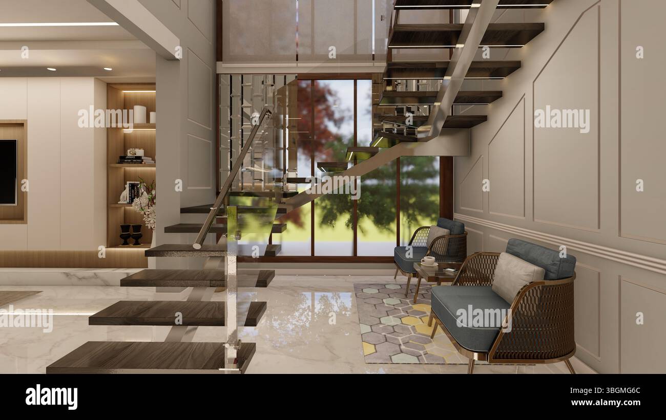Double height staircase lounge with floating wooden stairs Glass ...