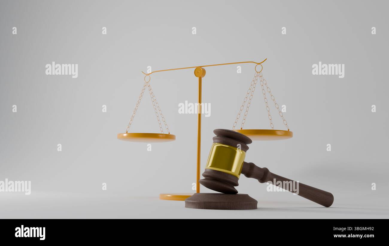 3D illustration of scales of justice and judge's gavel on gray ...